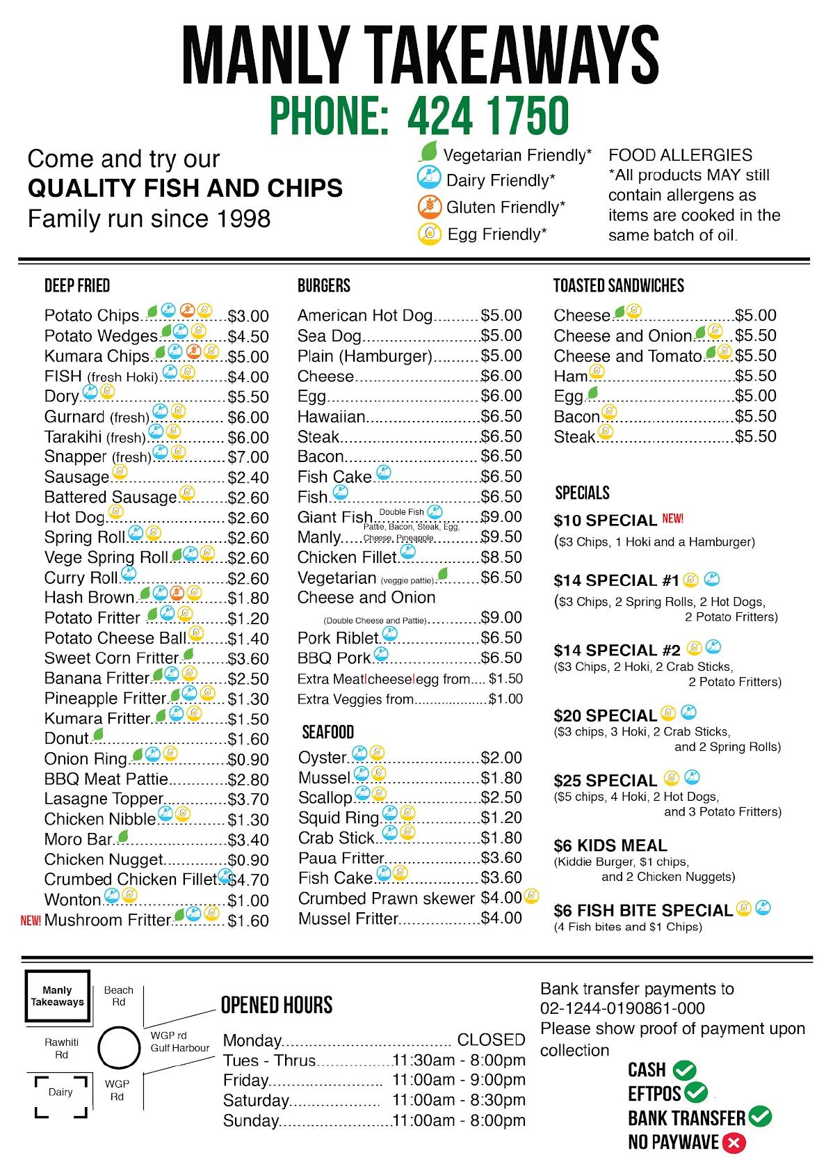 Menu at Manly Takeaways & Sun View Chinese restaurant, Auckland