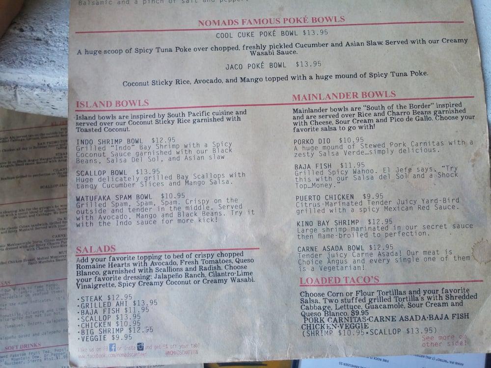 Menu at Nomads Canteen restaurant, San Clemente
