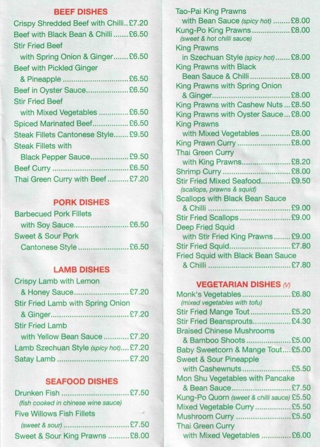 Menu at Old Shanghai restaurant, Olney