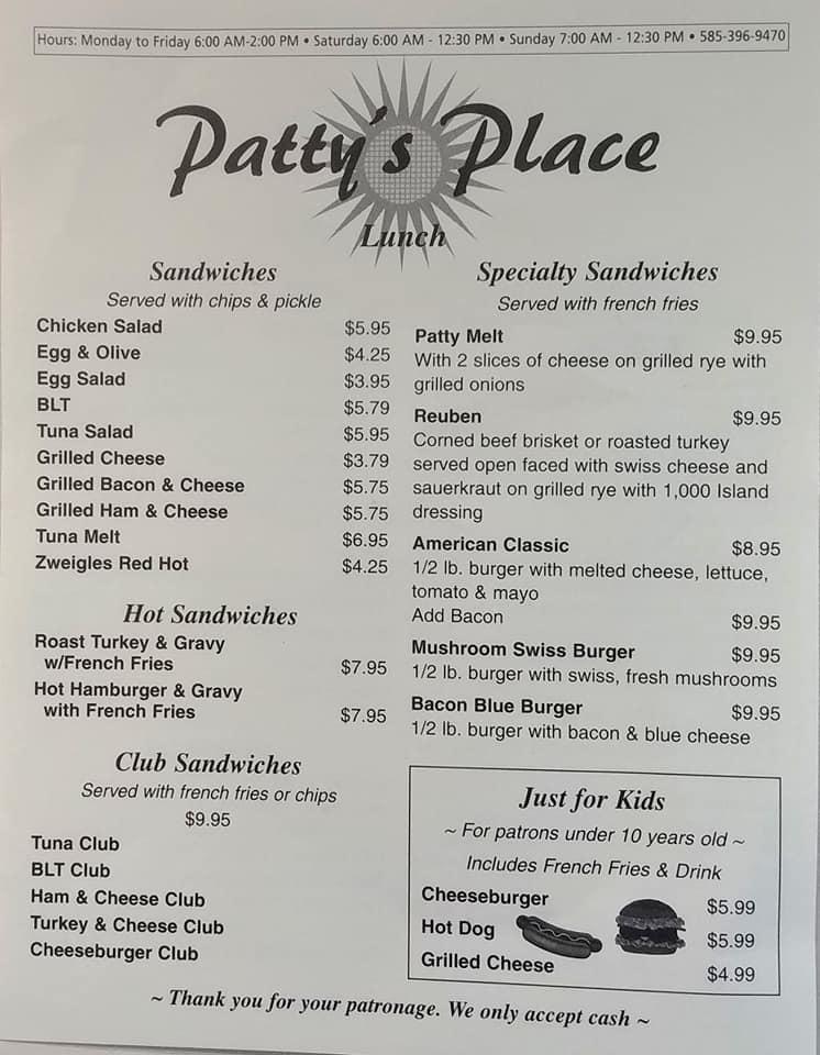 Menu at Patty's Place restaurant, Canandaigua