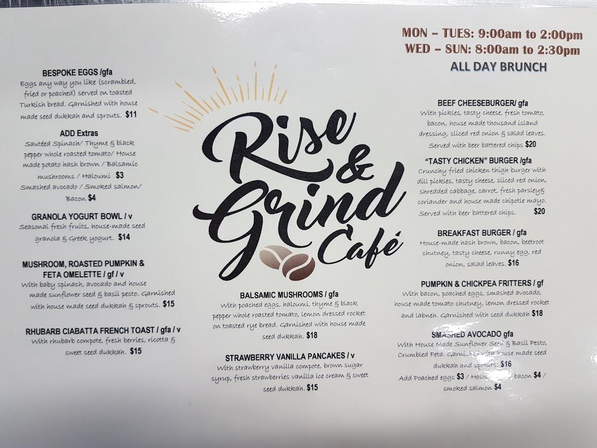 Carta de Rise & Grind Cafe, Clarence Park