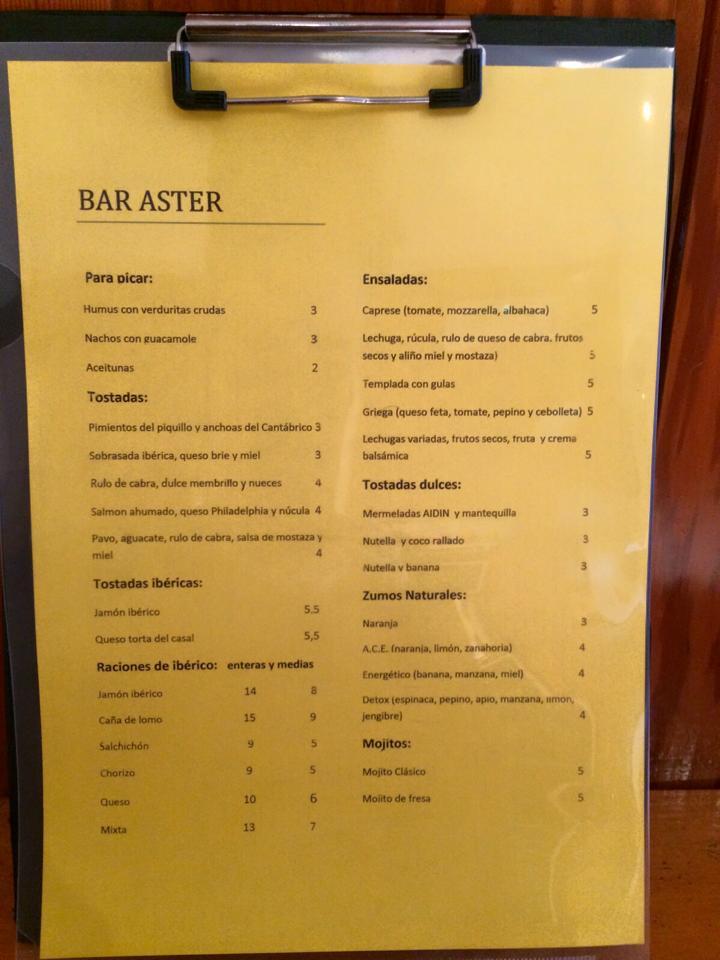 Menu at Bar Cafetería Aster, Pamplona