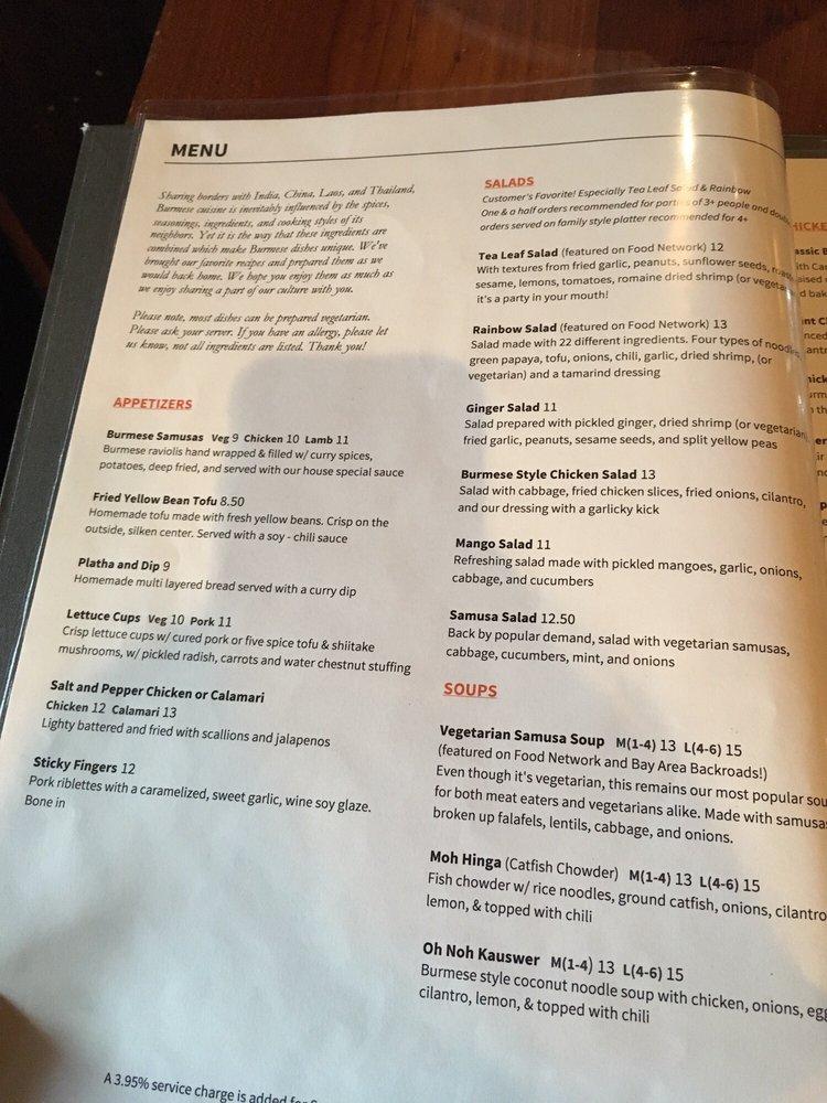 Menu at Burma Superstar restaurant, San Francisco, 309 Clement St