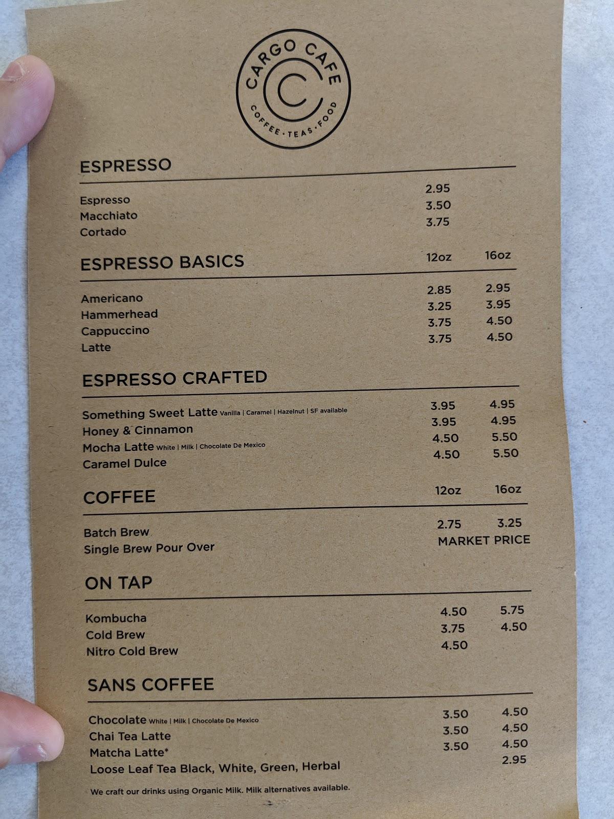 Menu at Cargo Cafe - Sorrento Valley, San Diego