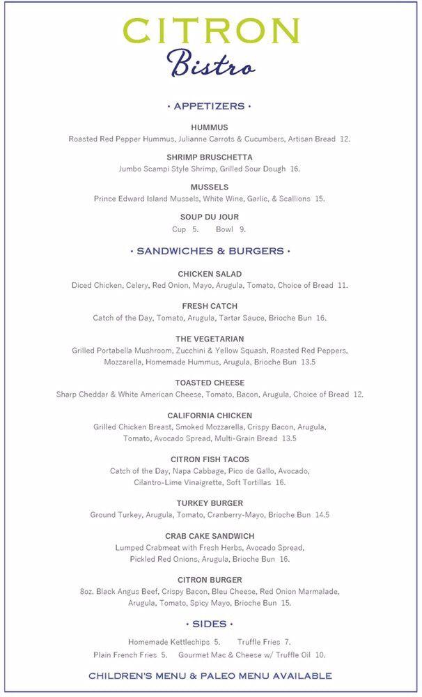 Menu at Citron Bistro, Vero Beach restaurant, Vero Beach