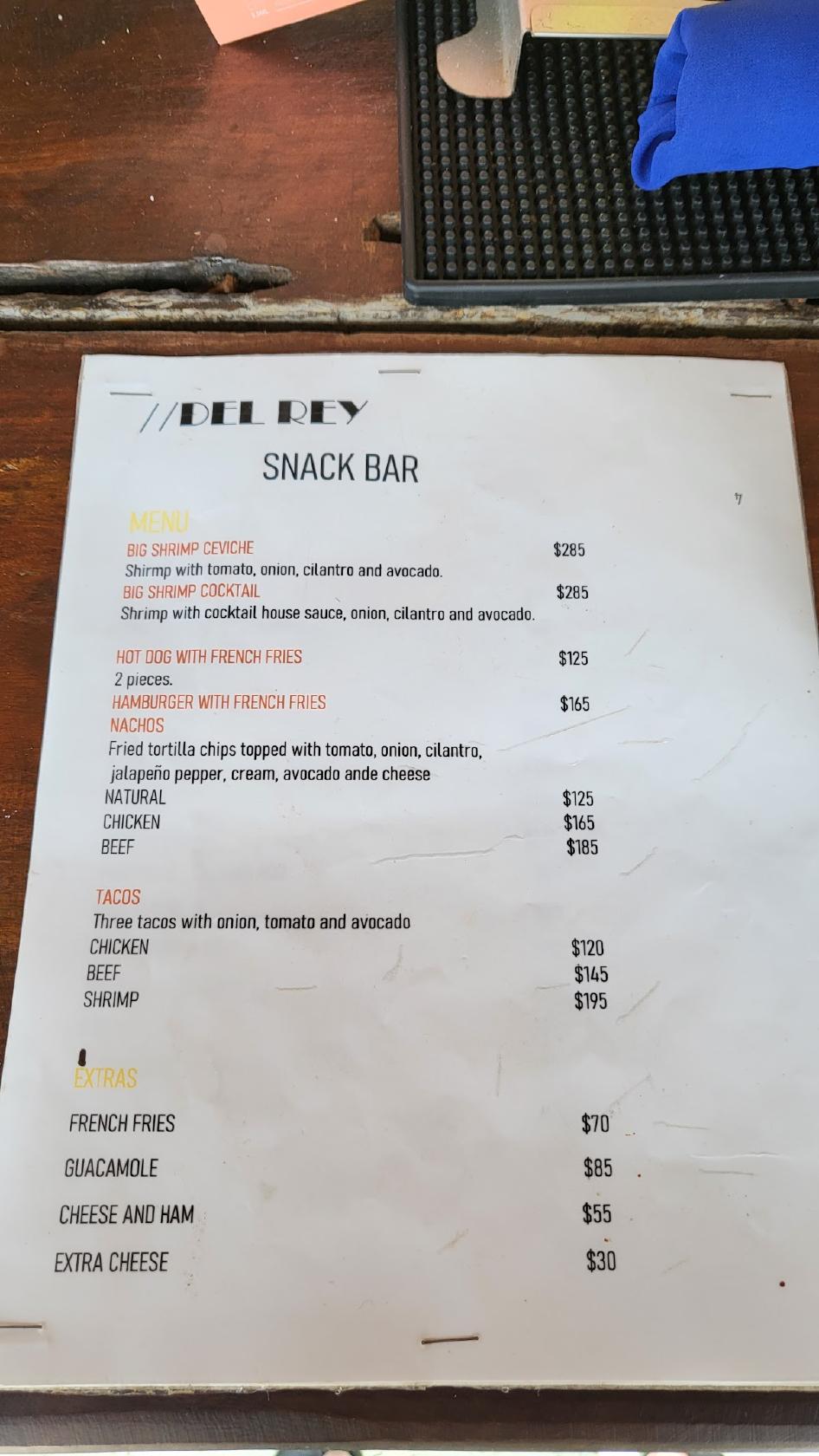 Menu at Del Rey SnackBar, Cancún