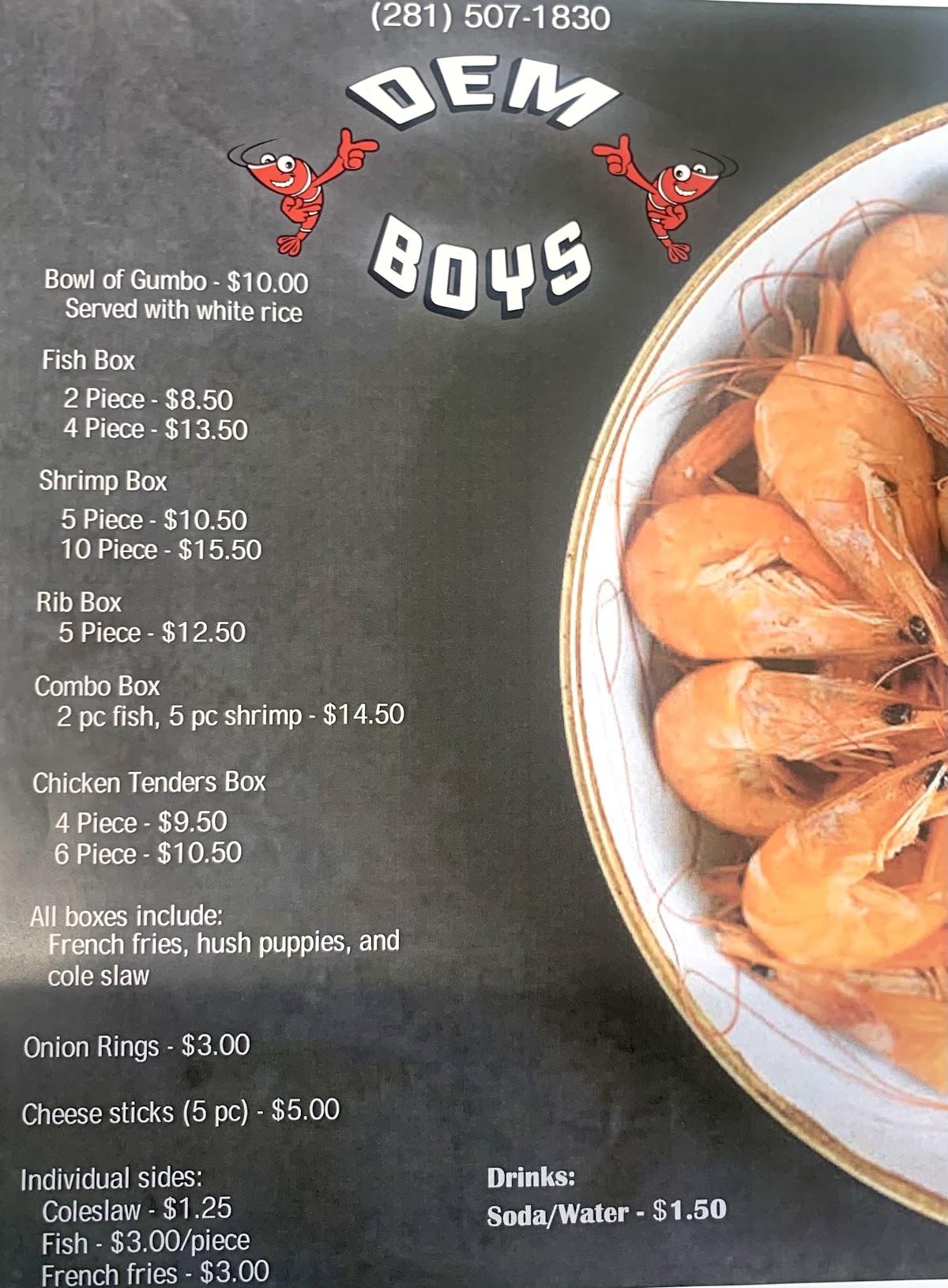 Menu at Dem Boys Seafood restaurant, USA