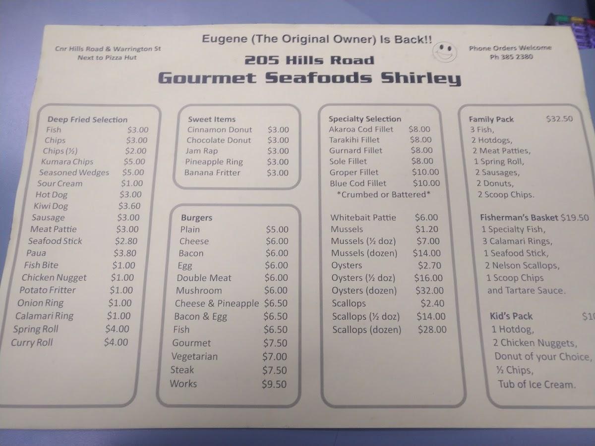 Menu at Gourmet Seafoods Shirley restaurant, Christchurch, 205 Hills Rd