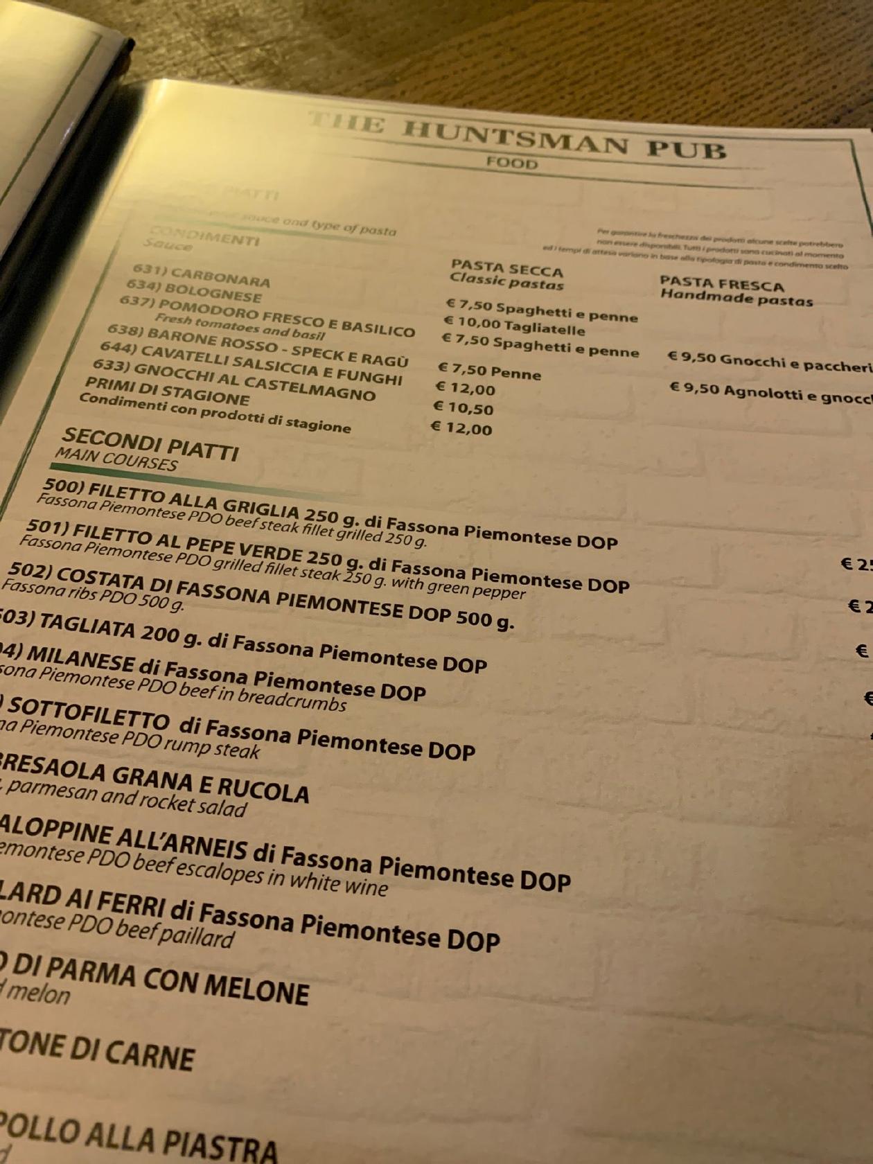 Menu at Huntsman Pub, Turin