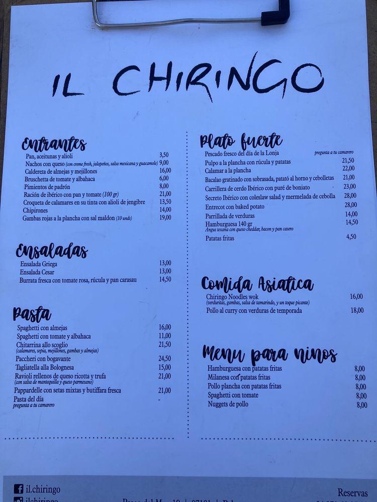 Carta del restaurante Il Chiringo, Palmanova
