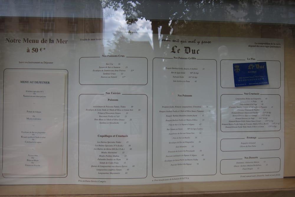Menu au Le Duc restaurant, Paris, 243 Bd Raspail