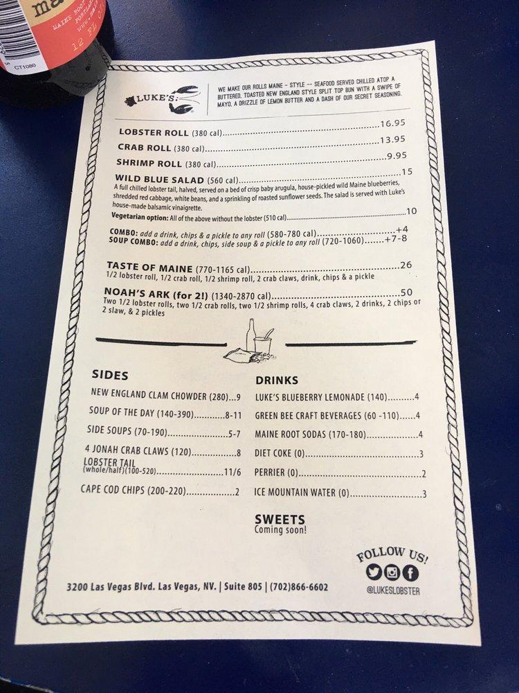 Menu at Luke's Lobster Las Vegas Fashion Show Mall restaurant, Las Vegas