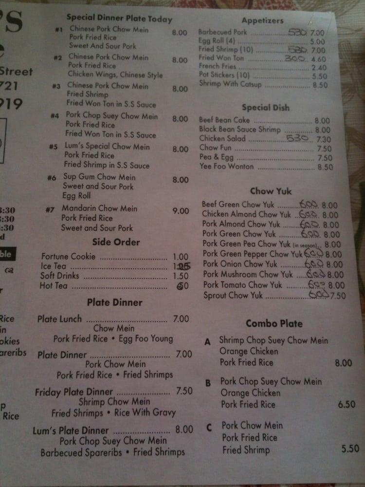 Menu at Lum's Chop Suey restaurant, Fresno