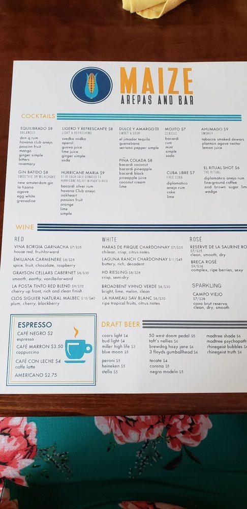 Menu at MAIZE pub & bar, Cincinnati