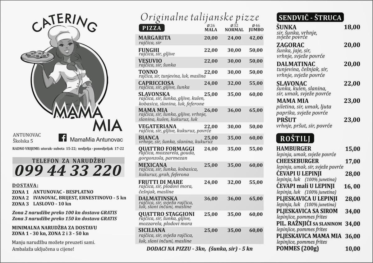 Menu da Mama Mia Catering - Pizza, roštilj, sendviči ristorante, Antunovac