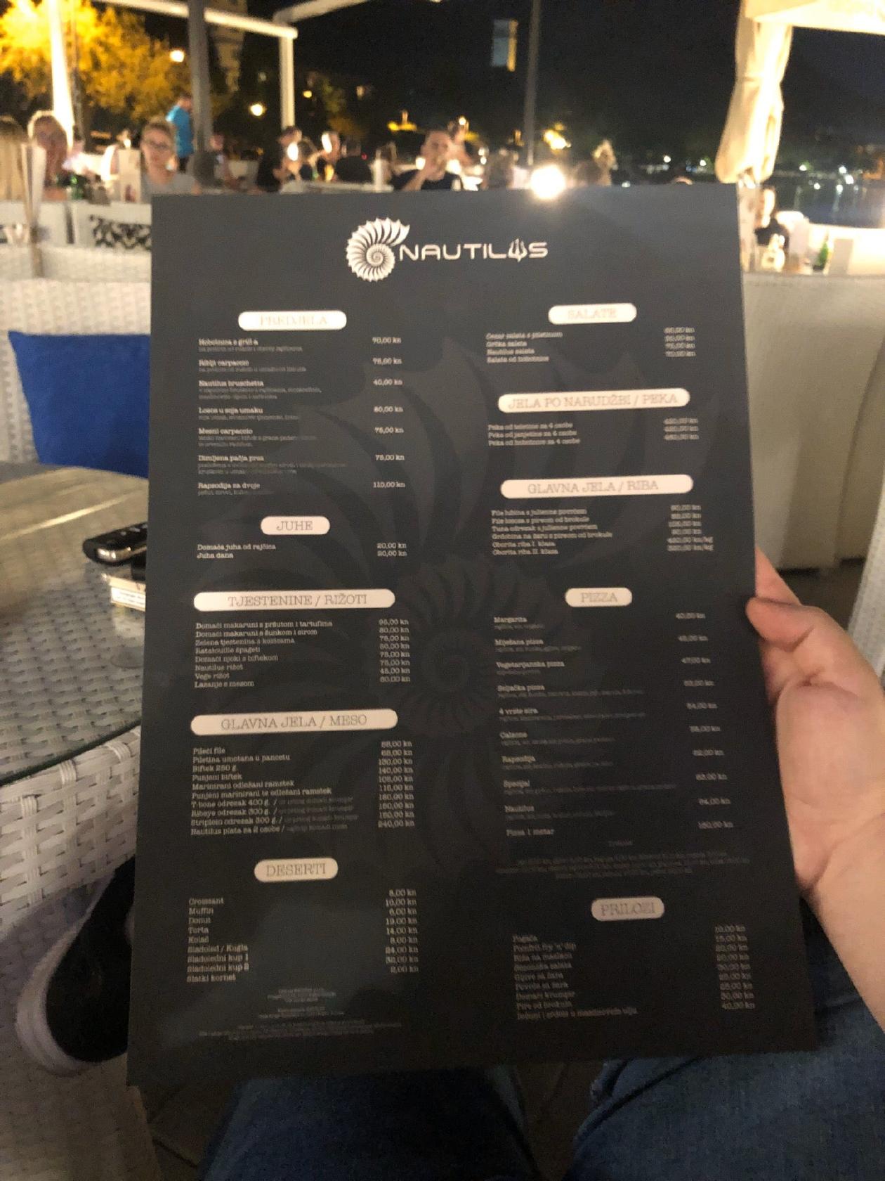 Menu at Nautilus restaurant, Kaštel Sućurac