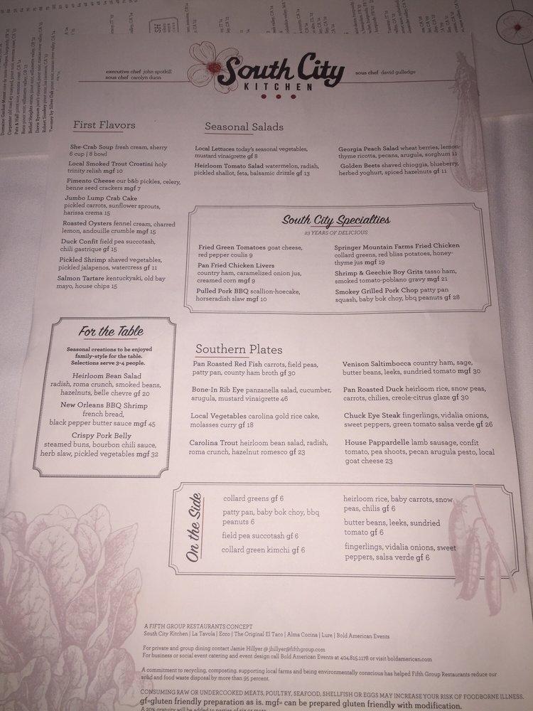 Menu at South City Kitchen Midtown restaurant, Atlanta, Crescent Ave NE