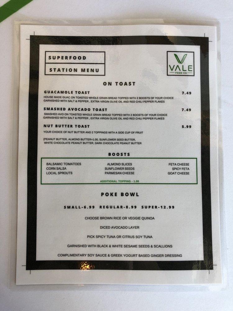 Menu at Vale Food Co restaurant, Jacksonville