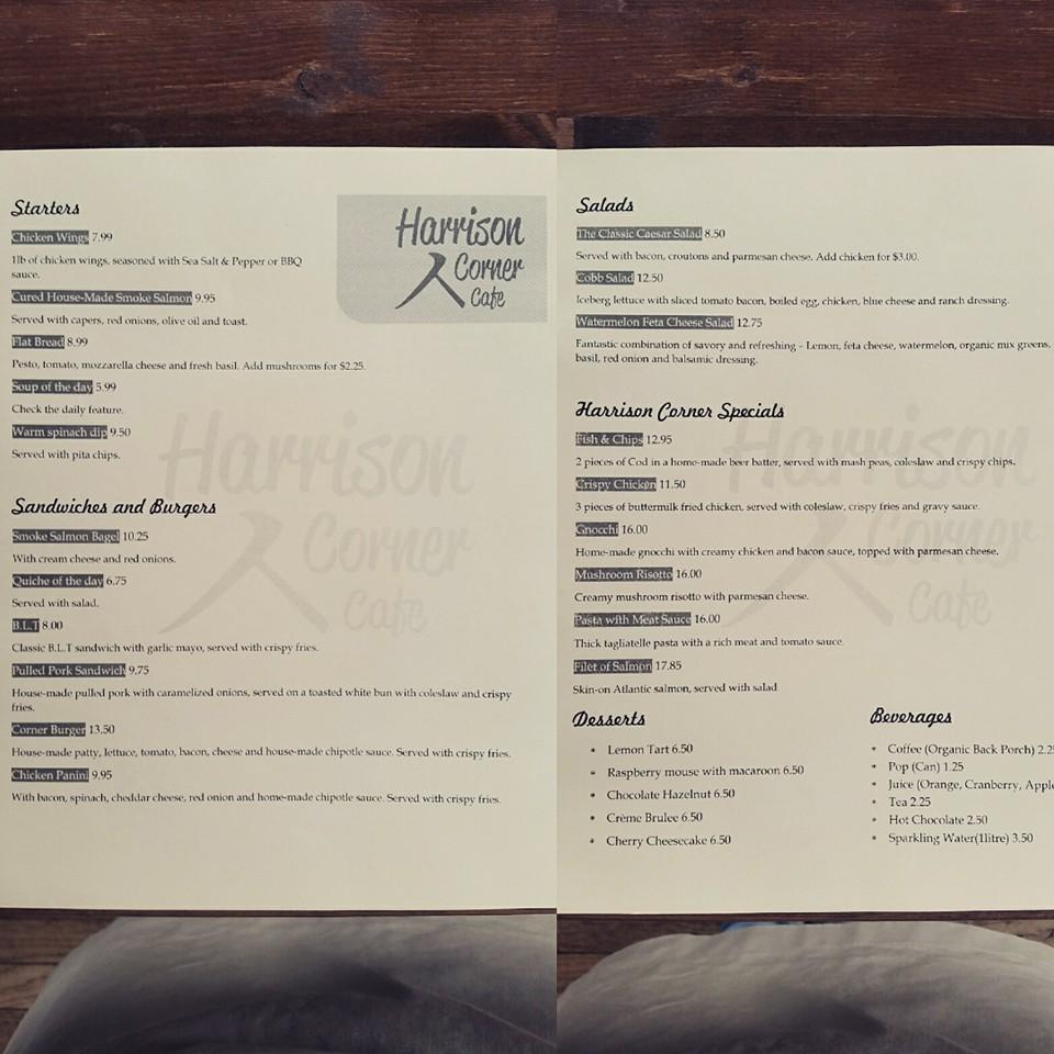 Menu at Harrison Corner Cafe, Harrison Hot Springs