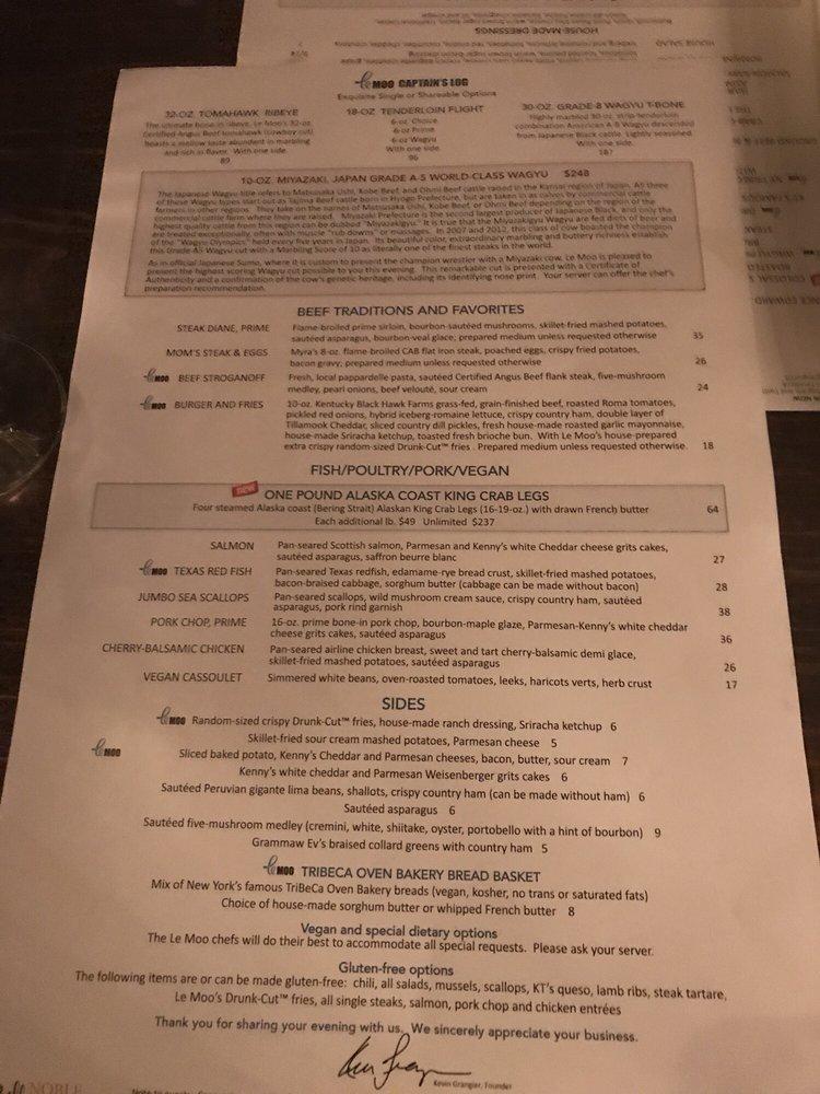 Menu at Le Moo steakhouse, Louisville