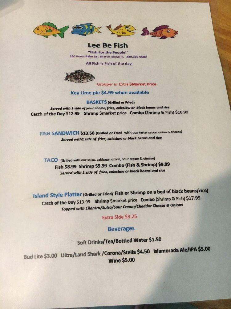 Menu at Lee Be Fish restaurant, Marco Island