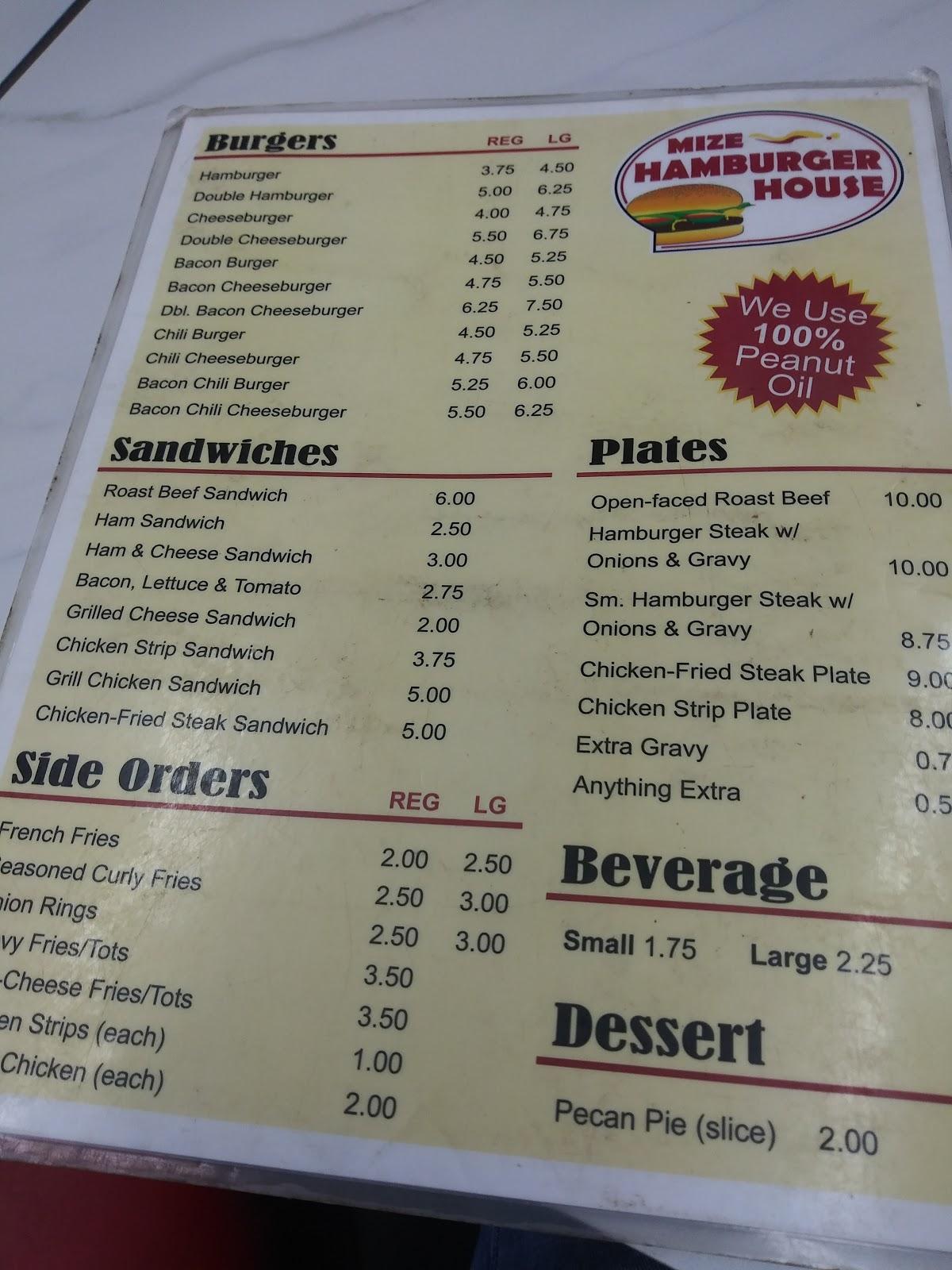Menu at Mize Hamburger House restaurant, Mize
