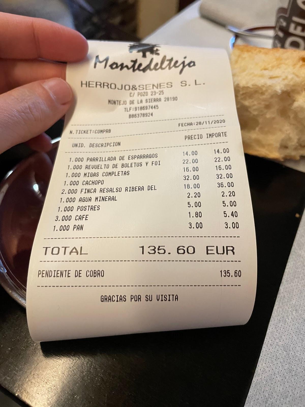 Carta de Restaurante Monte del Tejo, Montejo de la Sierra