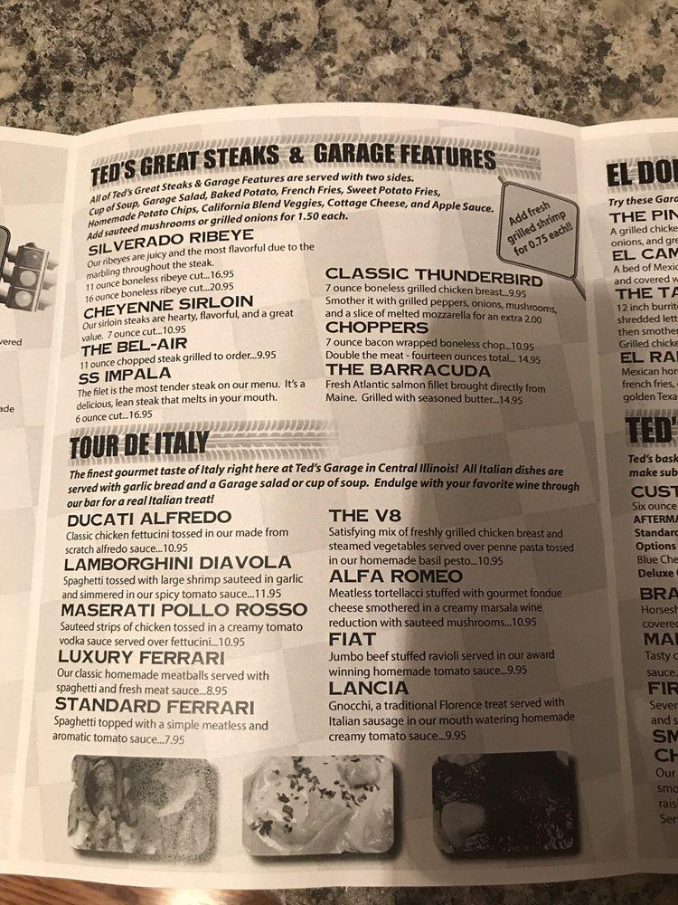 Menu at Ted's Garage restaurant, Clinton