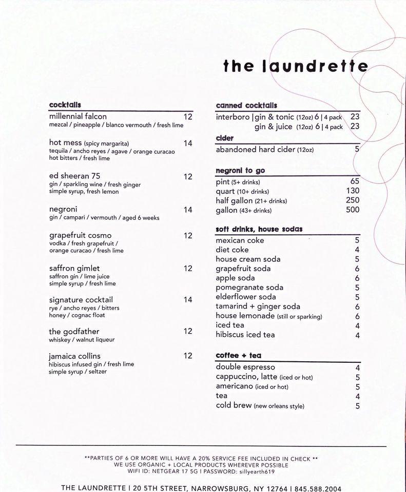 Menu at The Laundrette pub & bar, Narrowsburg
