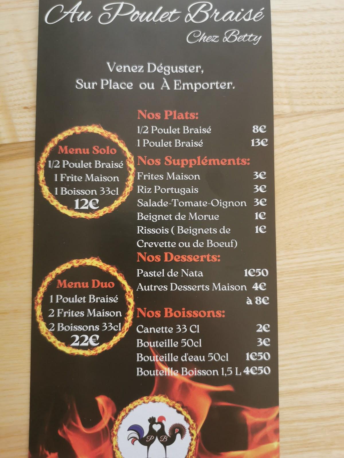 Menu au Au poulet braisé chez Betty restaurant, Lons