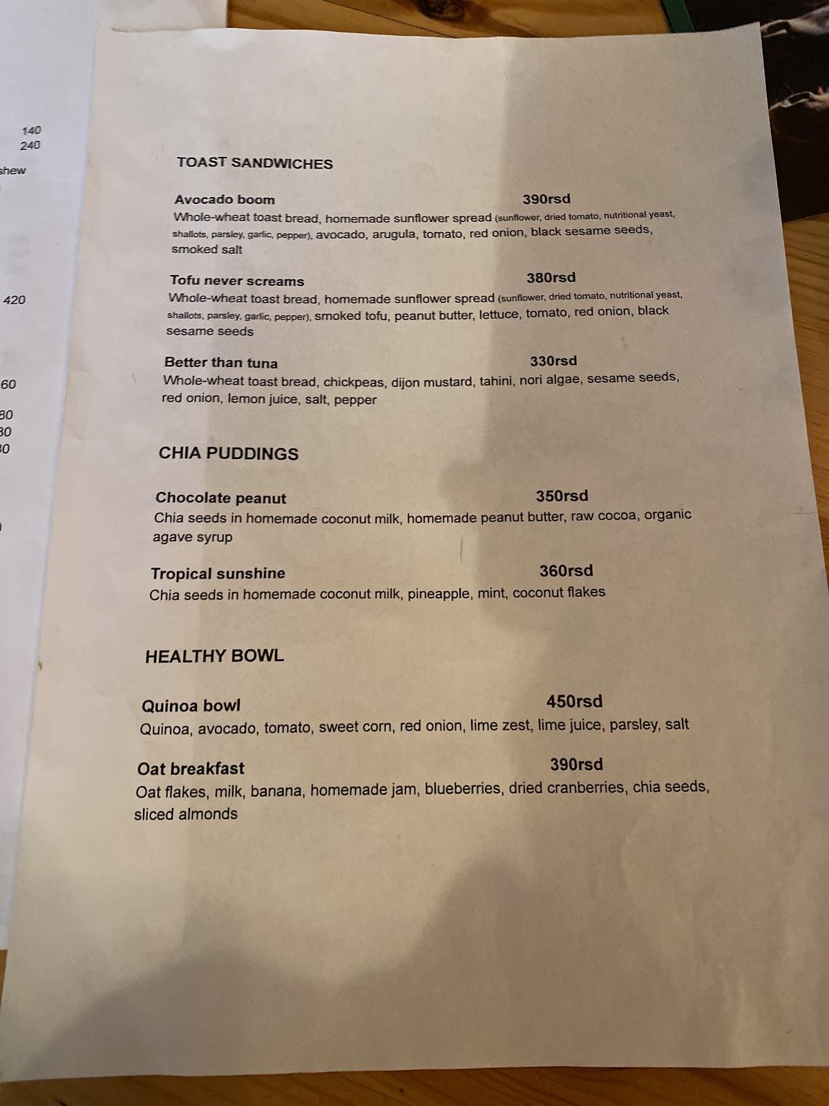 Speisekarte von Cafe VeZa, Belgrad