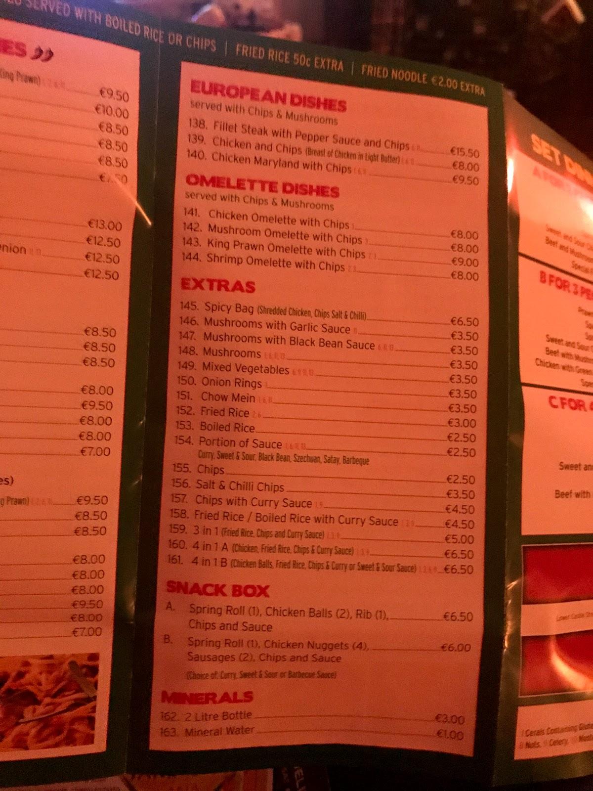 Menu at Ho Kee Chinese restaurant, Tralee
