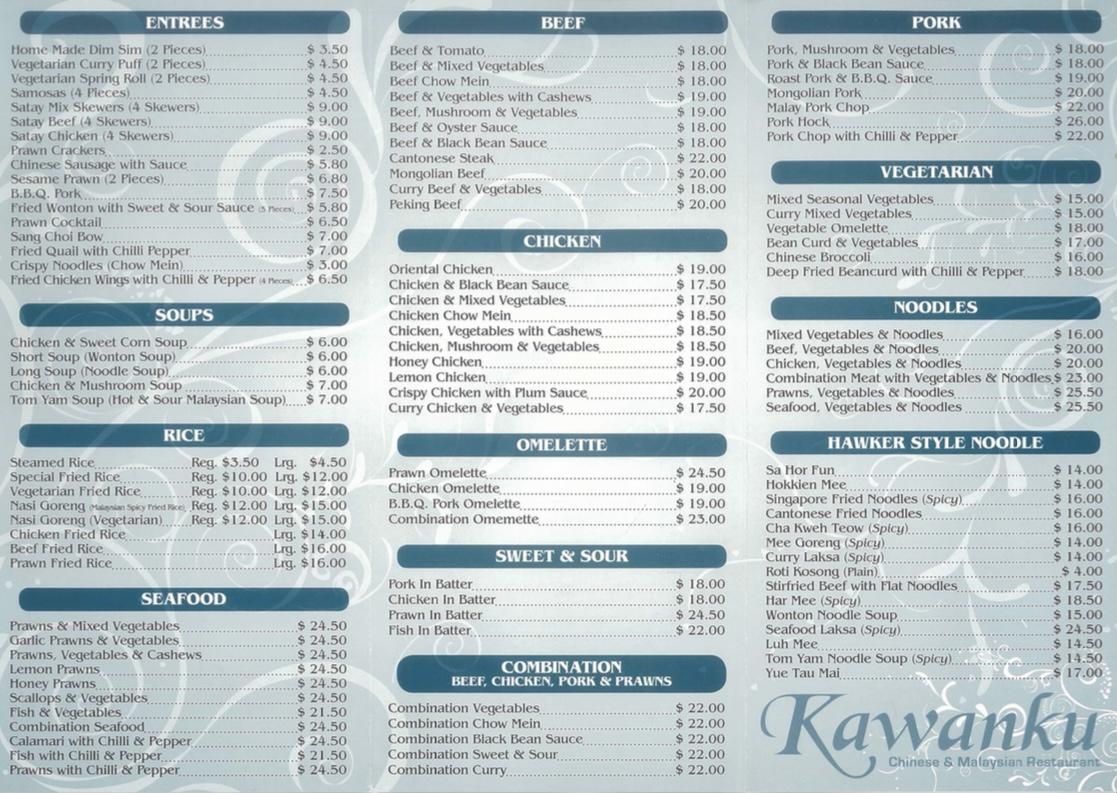 Menu at Kawanku restaurant, Mill Park