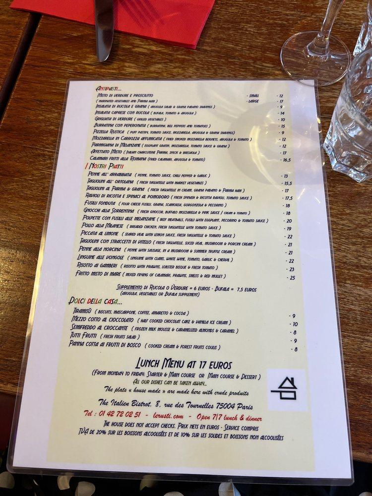 Menu at Le Rusti restaurant, Paris, 8 Rue des Tournelles