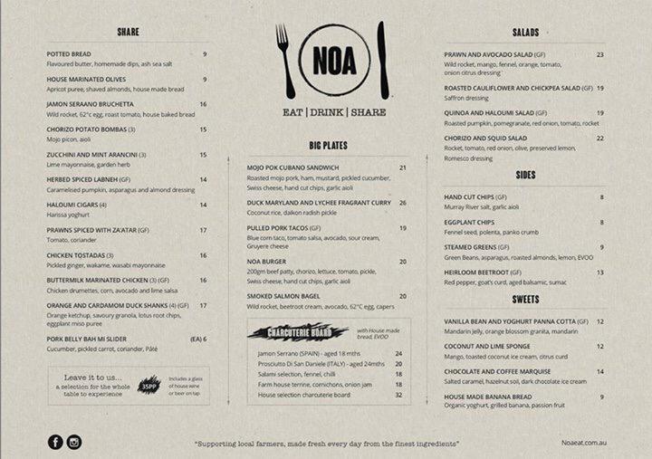 Menu at NOA Eat Drink Share pub & bar, Edge Hill