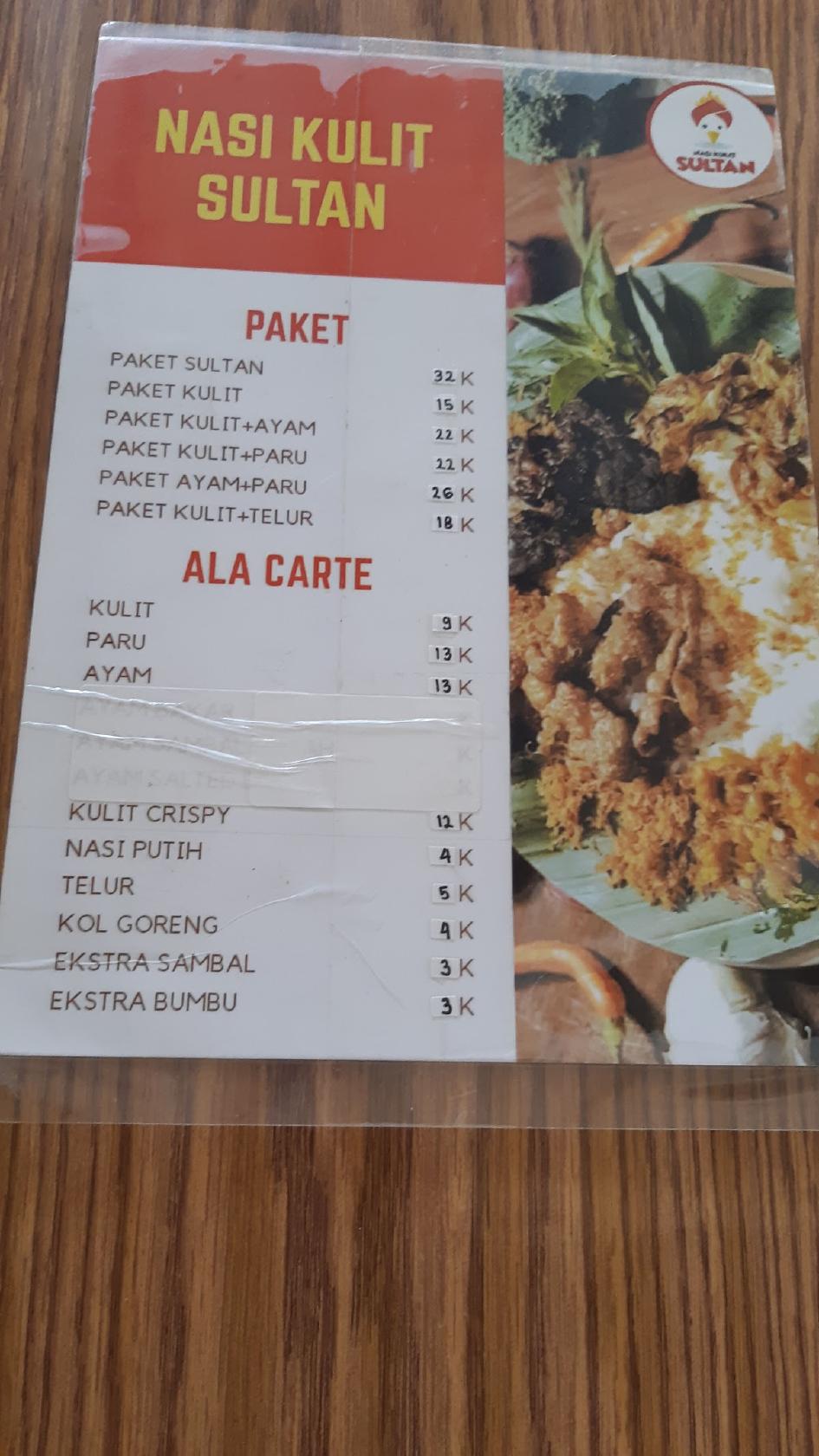 Menu at Nasi Kulit Sultan, Pedurungan restaurant, Semarang