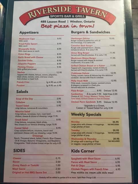 Menu at Riverside Tavern Sports Bar and Grill, Windsor, 488 Lauzon Rd