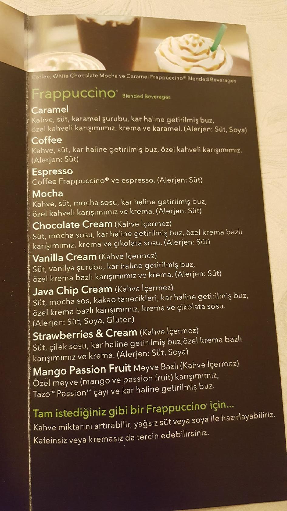 Menu at Starbucks, Istanbul, Ataköy 1. Mah. Fişekhane Cad. No:7 K:1 ...