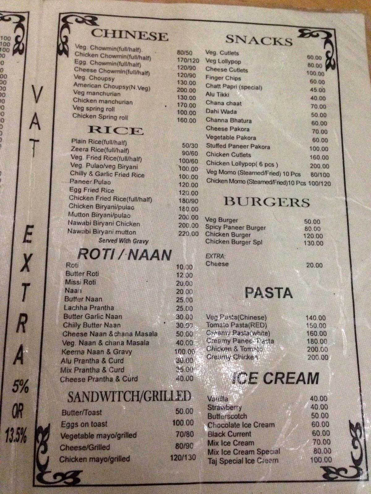 Menu at Taj Restaurant, Palampur