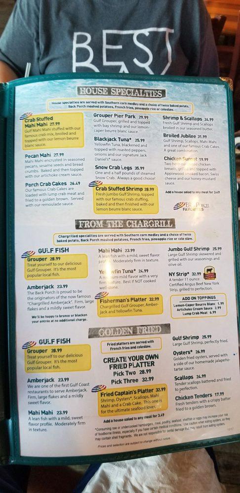 Menu at The Back Porch Seafood & Oyster House restaurant, Panama City ...