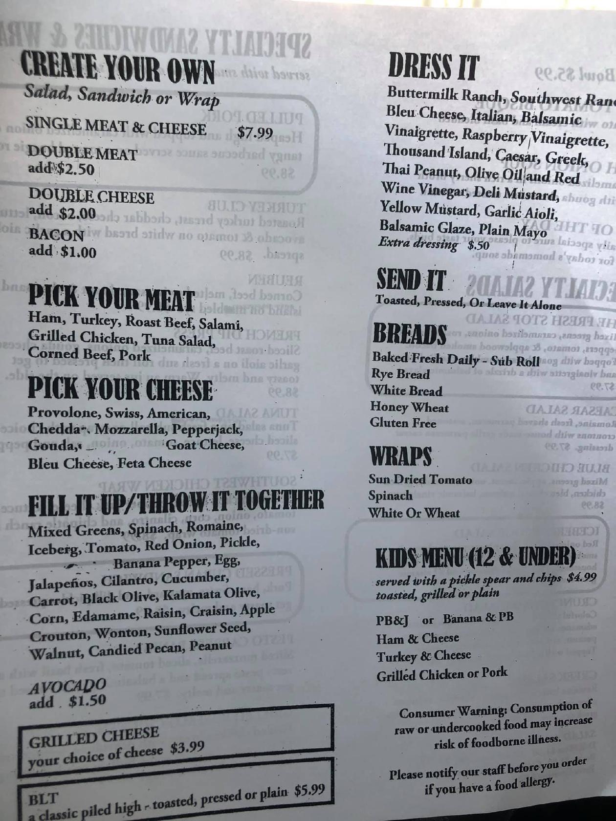 Menu at The Fresh Stop restaurant, Indiantown