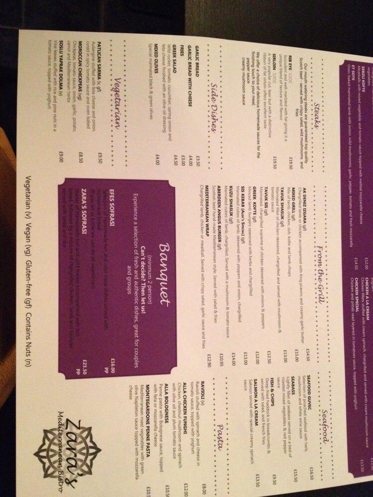 Menu at Zara's Mediterranean Bistro restaurant, Edinburgh
