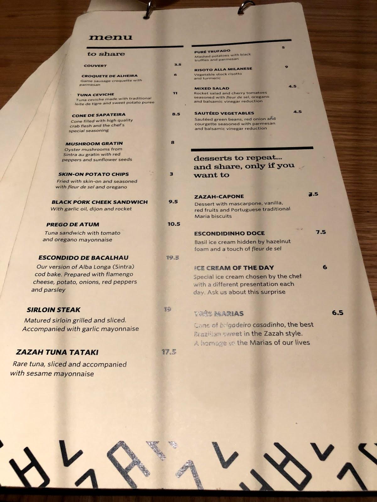 Menu at Zazah pub & bar, Lisbon