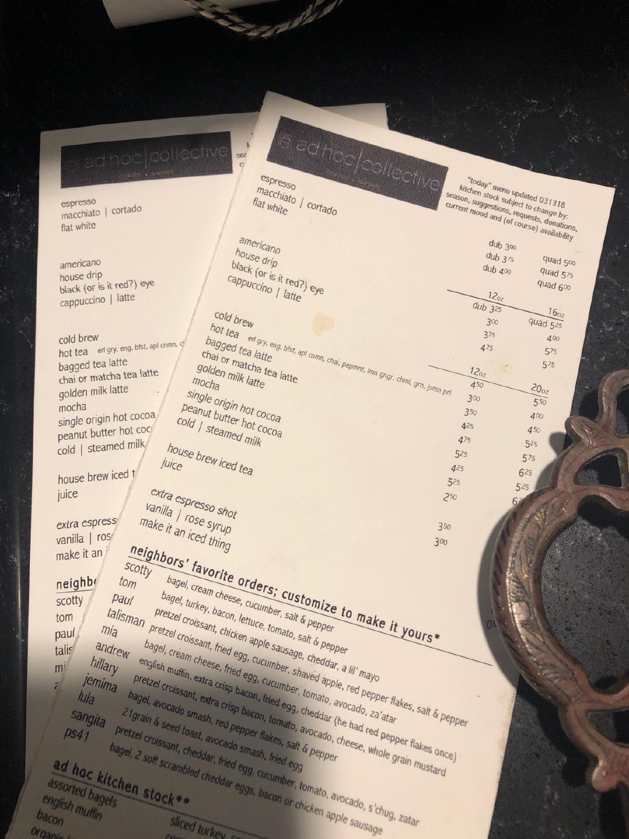 Menu at ad hoc : cafe, New York City
