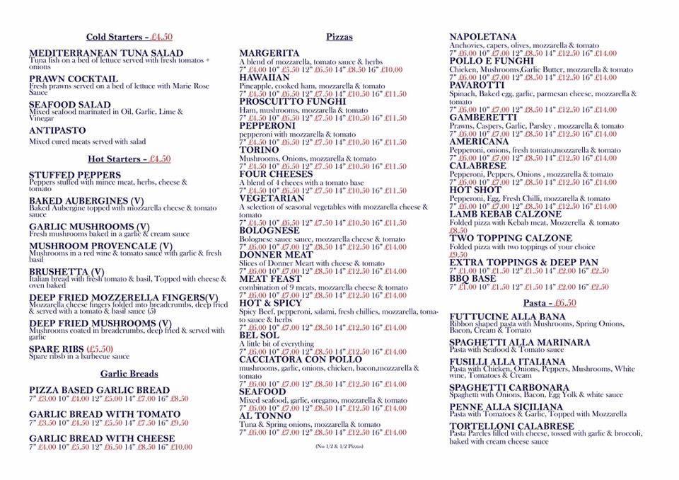 Menu at Bel Sol fast food, Doncaster