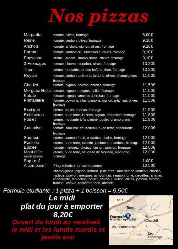 Menu at L’Escapade restaurant, Besançon
