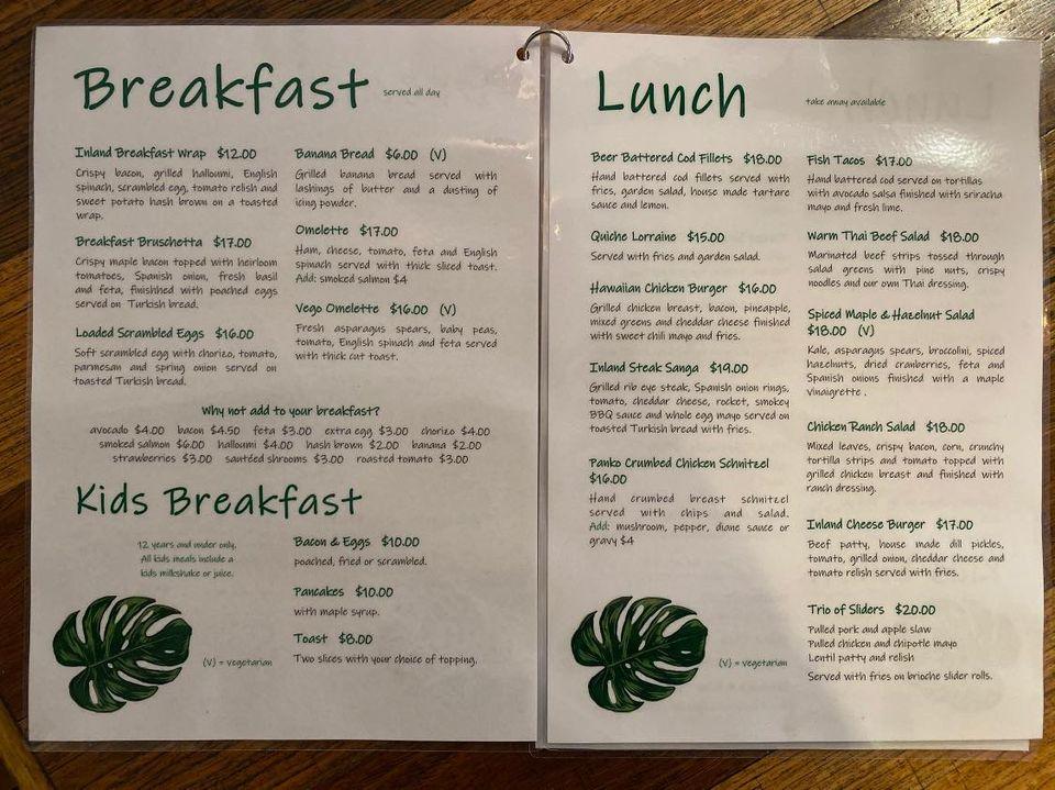 Menu at Inland Cafe, Tamworth