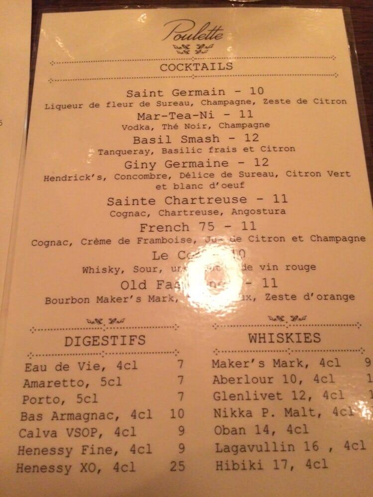 Menu at Poulette restaurant, Paris, 3 Rue Étienne Marcel