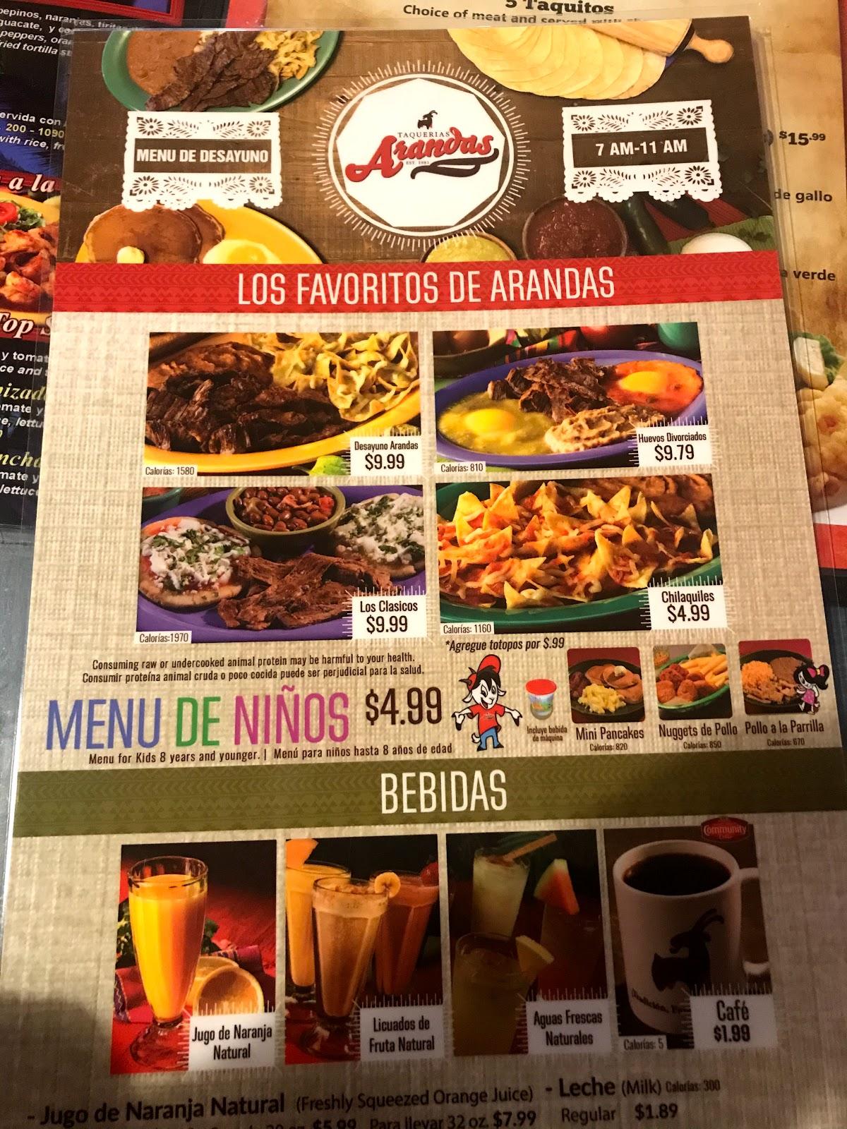 Menu at Taqueria Arandas restaurant, Spring, Interstate 45 N