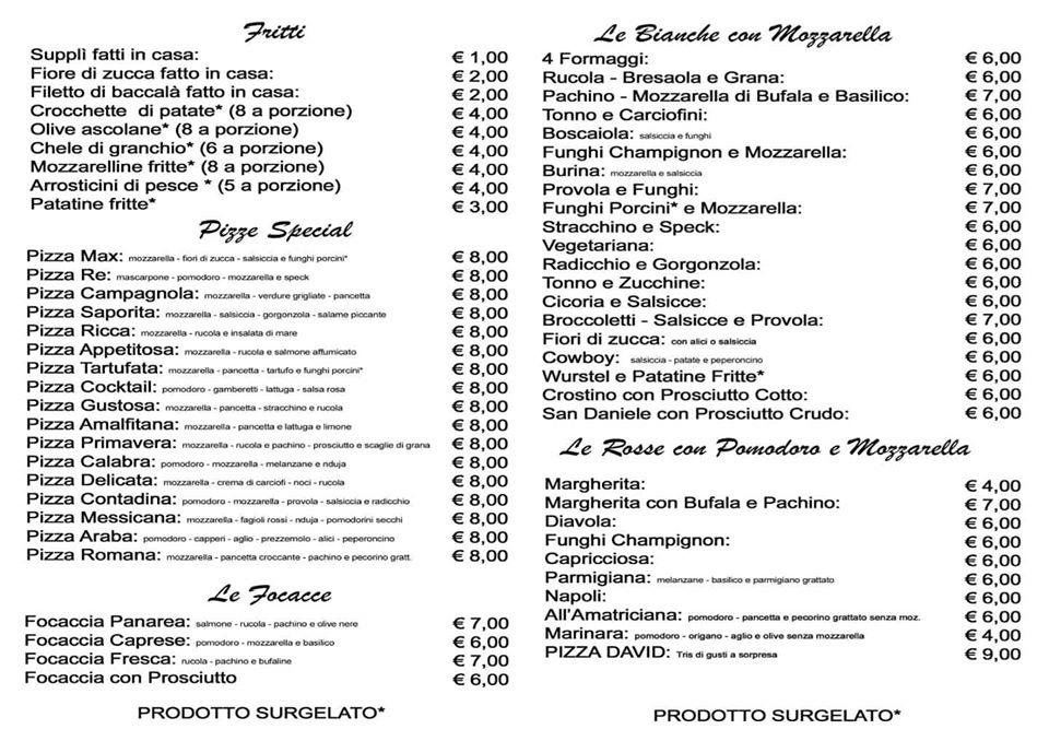 Menu da Il David Srl pizzeria, Ariccia, Via Nettunense